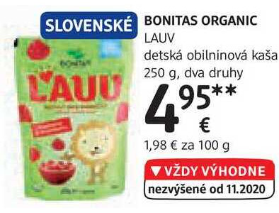 BONITAS ORGANIC LAUV detská obilninová kaša 250 g, dva druhy v akcii ...