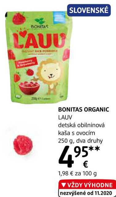 BONITAS ORGANIC LAUV detská obilninová kaša s ovocím 250 g, dva druhy v ...